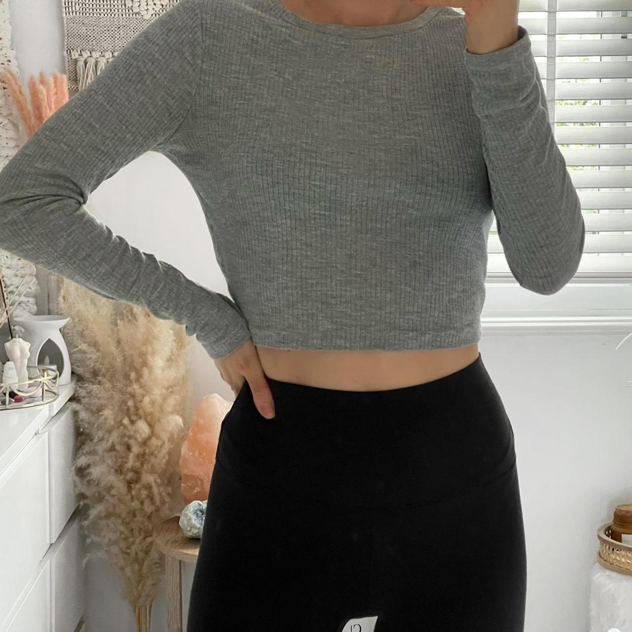 New look grey cropped ribbed long sleeve top Size... - Depop