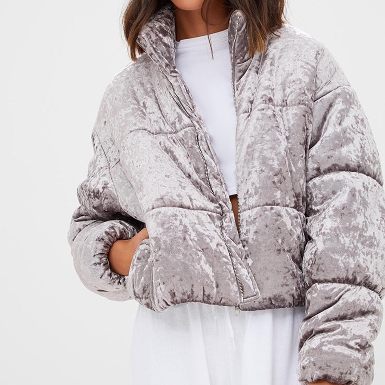 Really cool silver/grey crushed velvet puffer bomber... - Depop