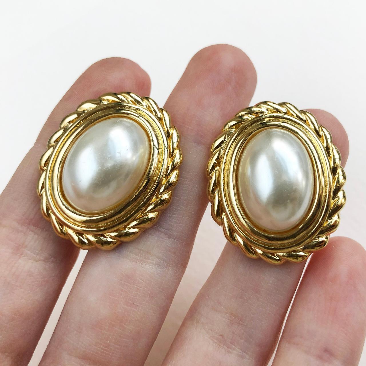 ️ Large pearl stud earrings gold, statement oval... - Depop