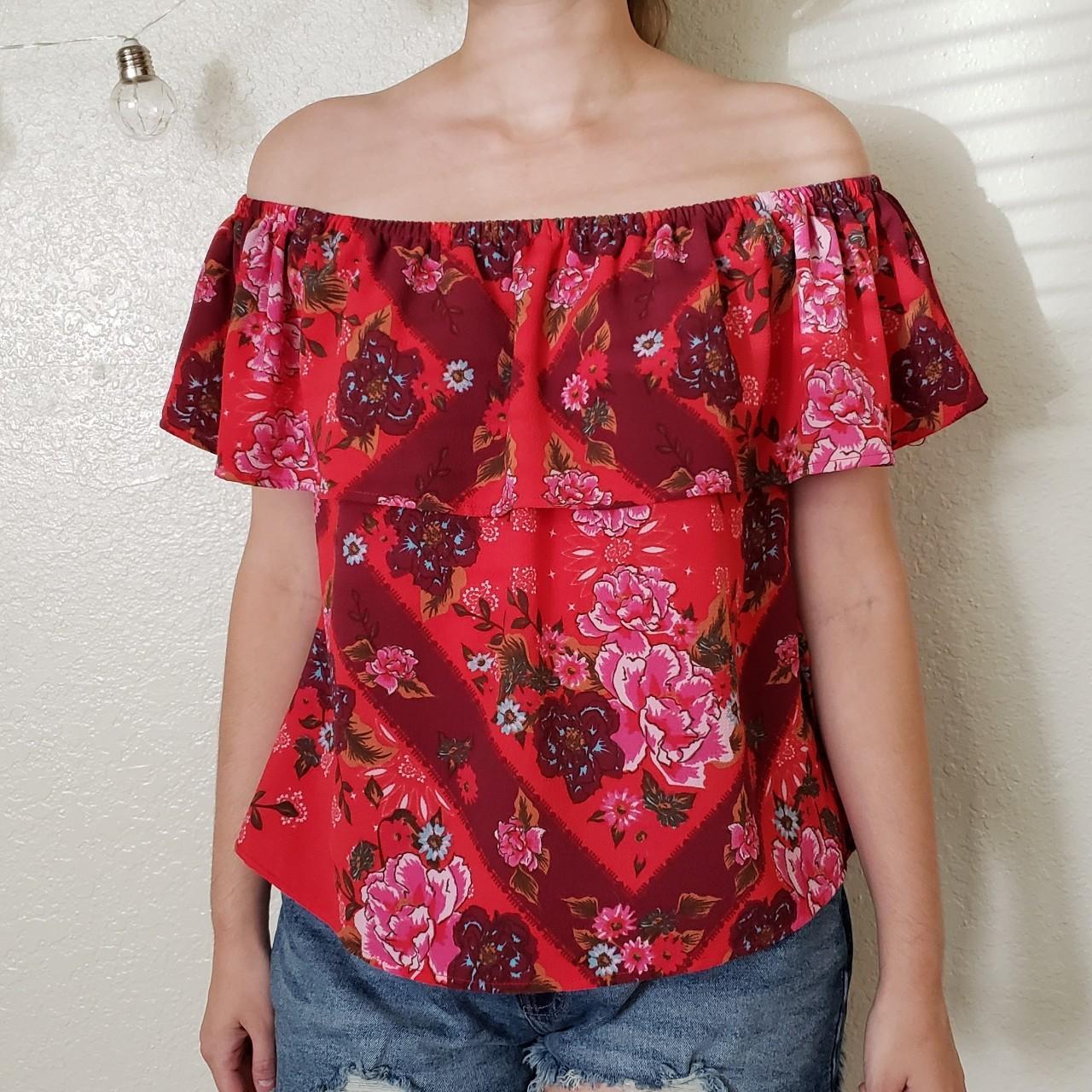 Western Red Floral Off the Shoulder Top Brand:... - Depop