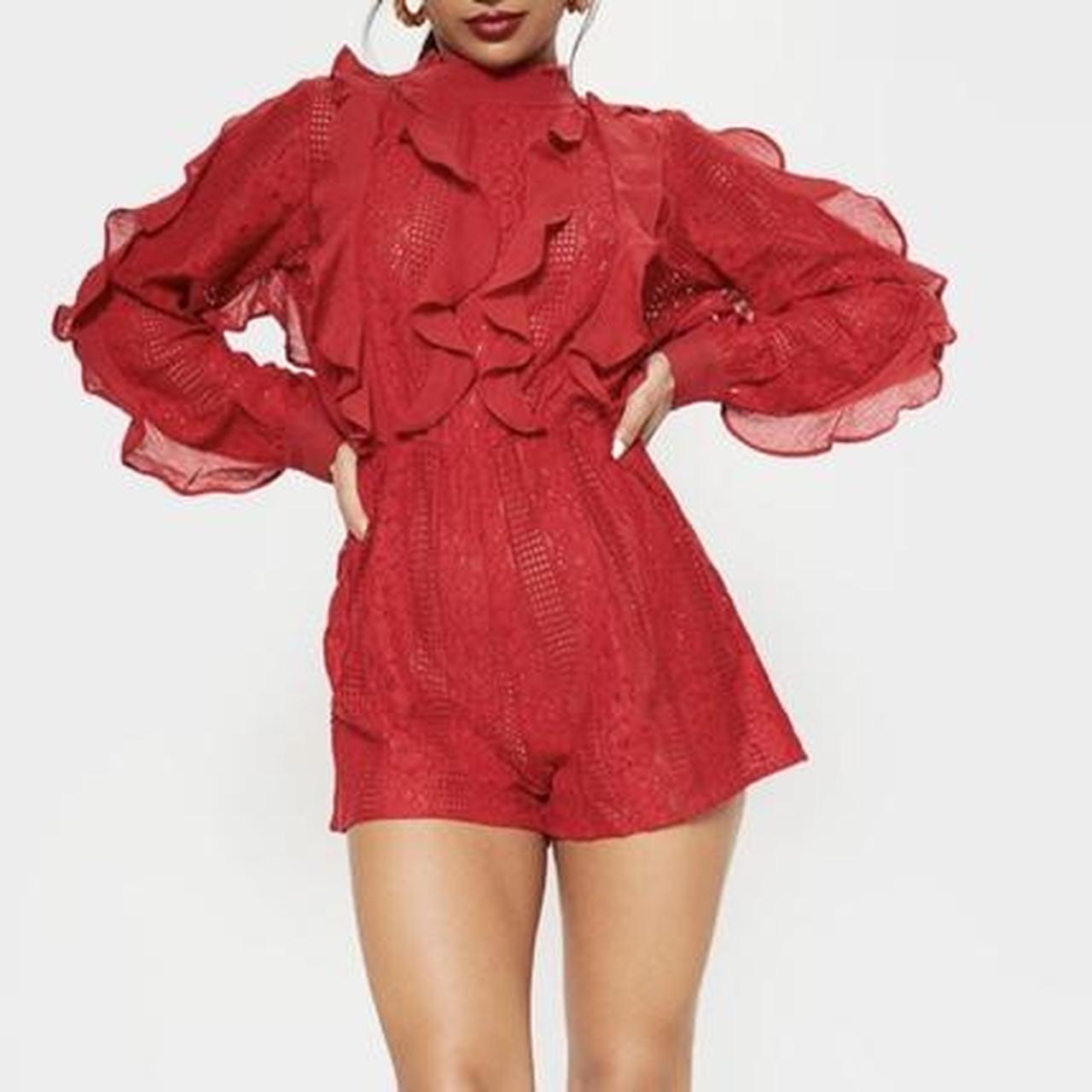 Red lace long sleeve romper. Only wore once! - Depop