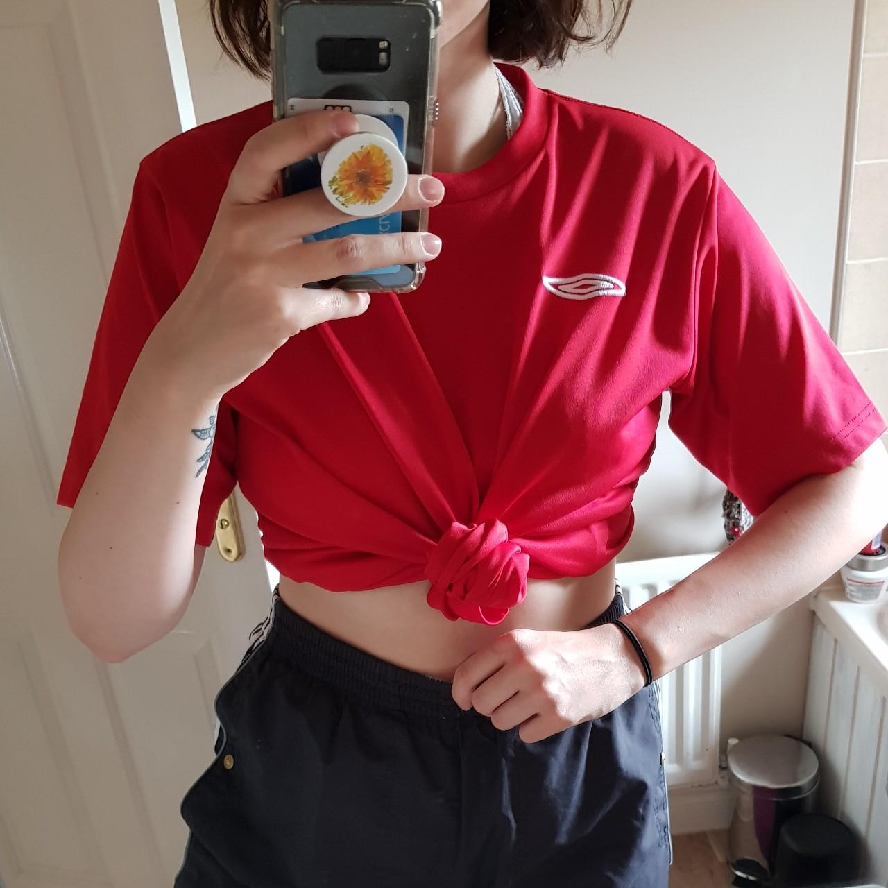 Red umbro t shirt in a size Large. Silky material, a... - Depop