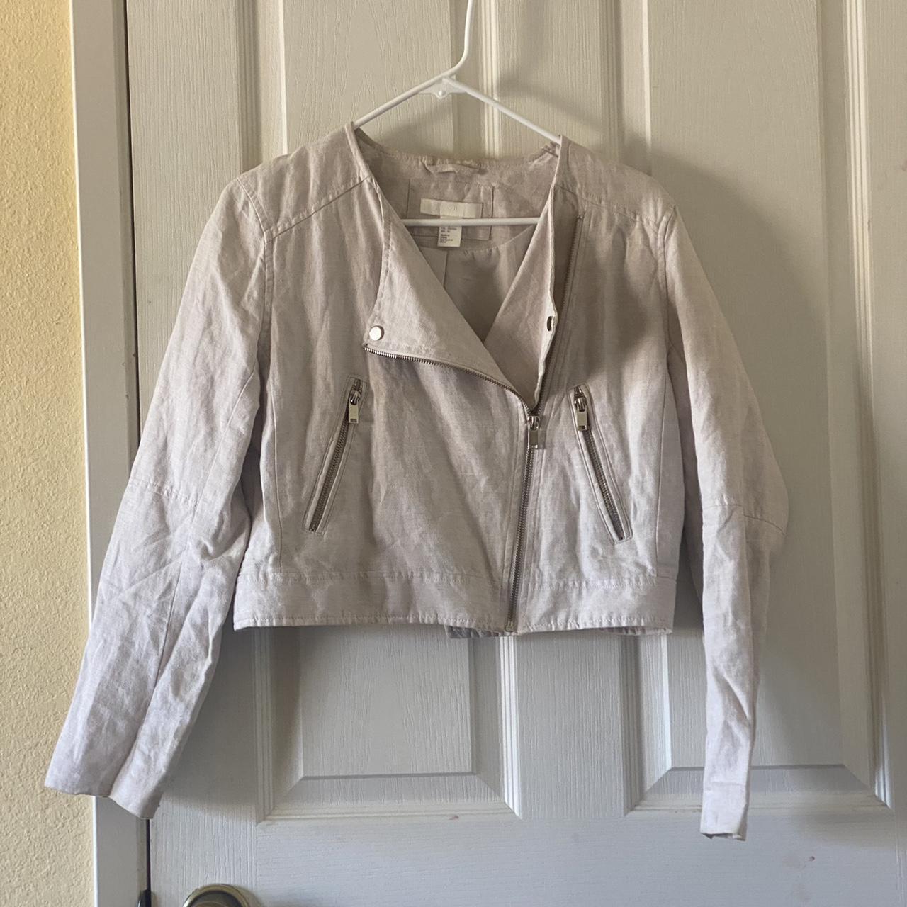 Linen white cropped jacket. Cropped off-white /... - Depop