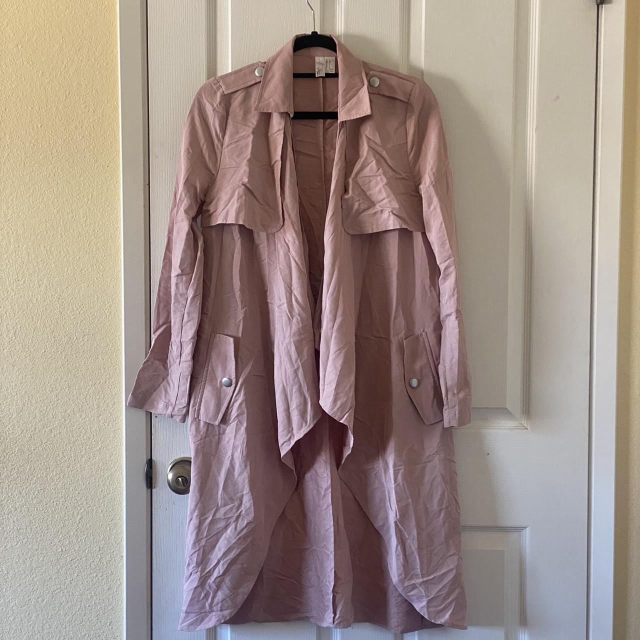 Pink coat, light baby pink duster trench coat. Size... - Depop