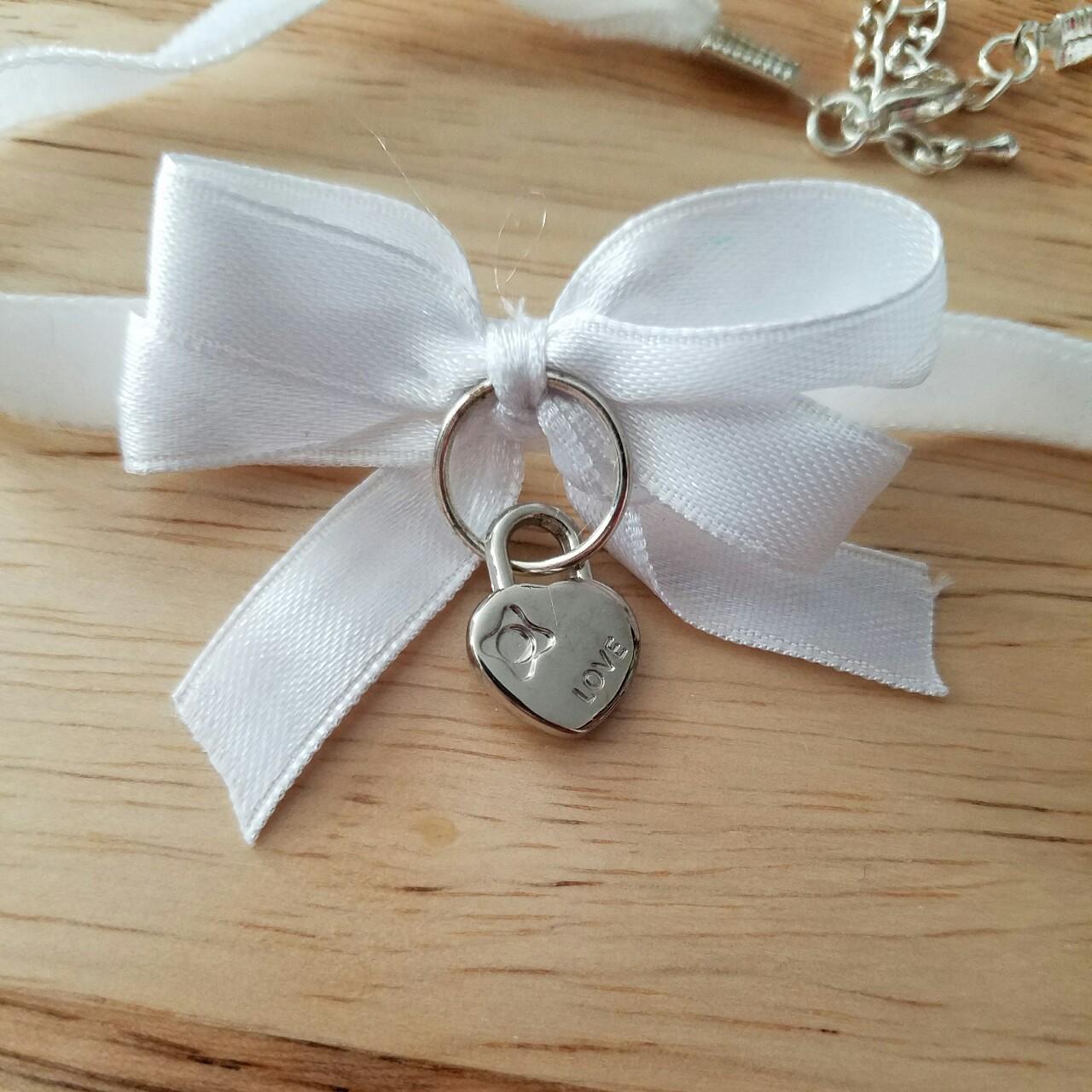 White Ribbon Choker with Heart Charm • So cute ♡... - Depop