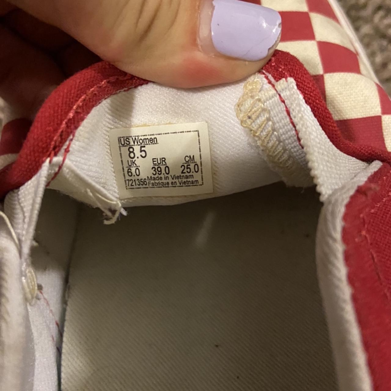 RED CHECKERED VANS skip ons, scuffed at the front... - Depop