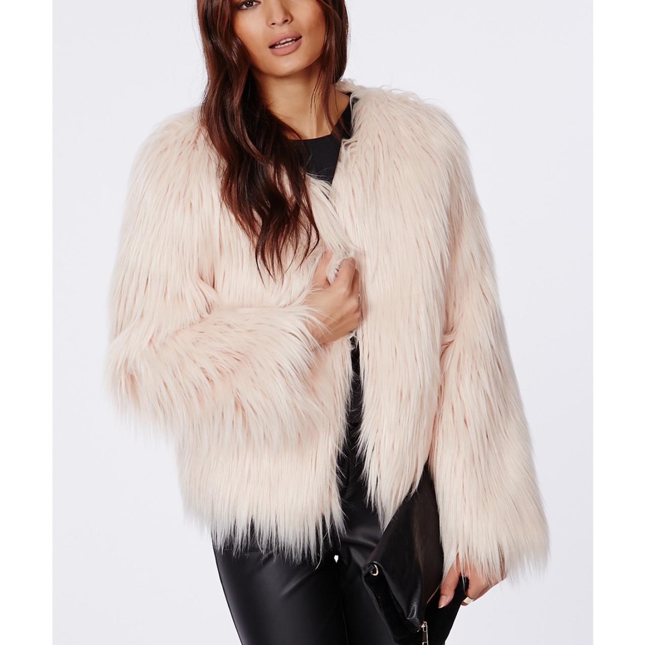 Missguided Cassie Shaggy Faux Fur Coat In Nude Depop