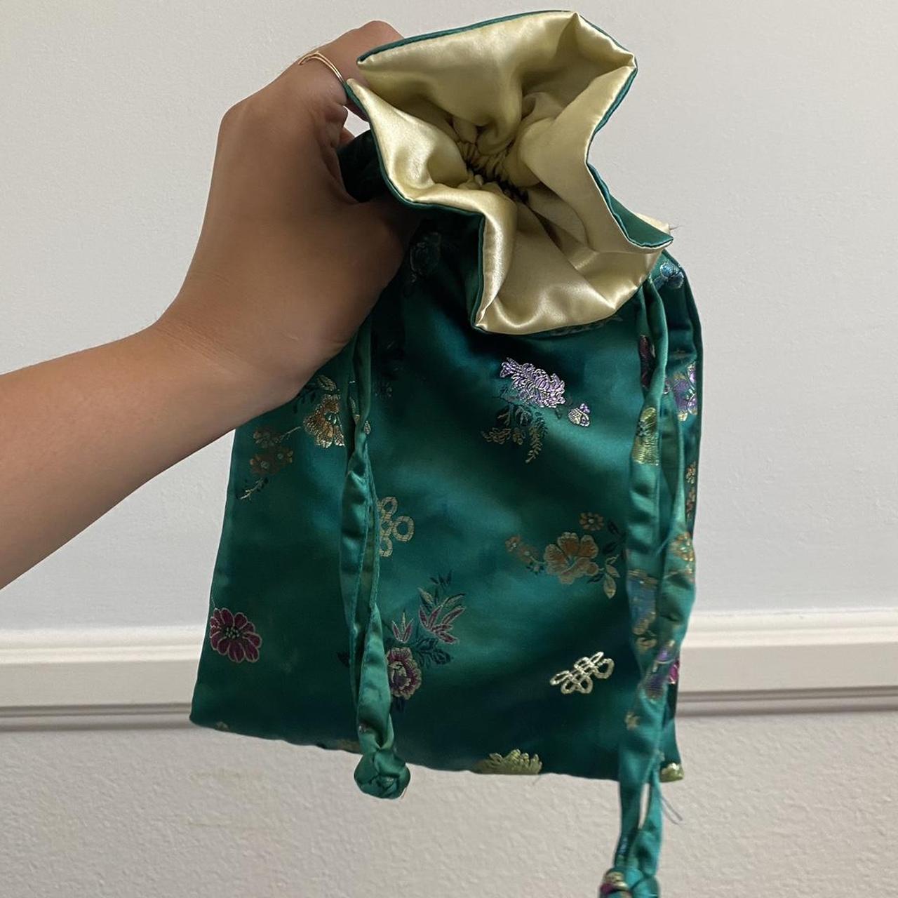 silky green and teal adjustable drawstring bag, vintage - Depop