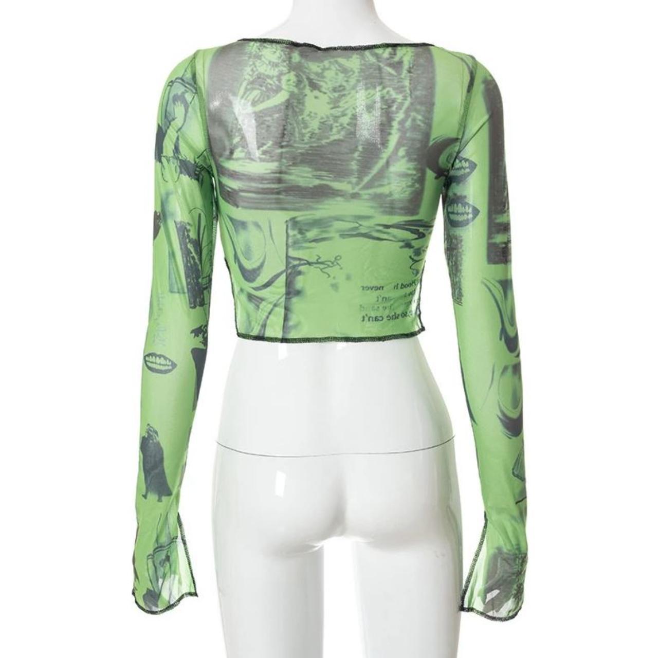 Y2K Gothic Green Mesh Top Long Sleeve T-Shirt / 90s... - Depop