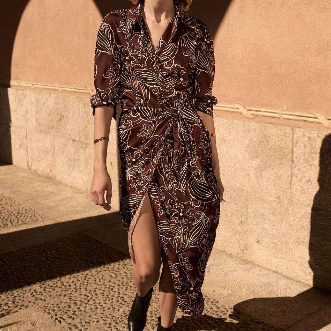 Zara brown printed wrap dress. Sold out on the... - Depop