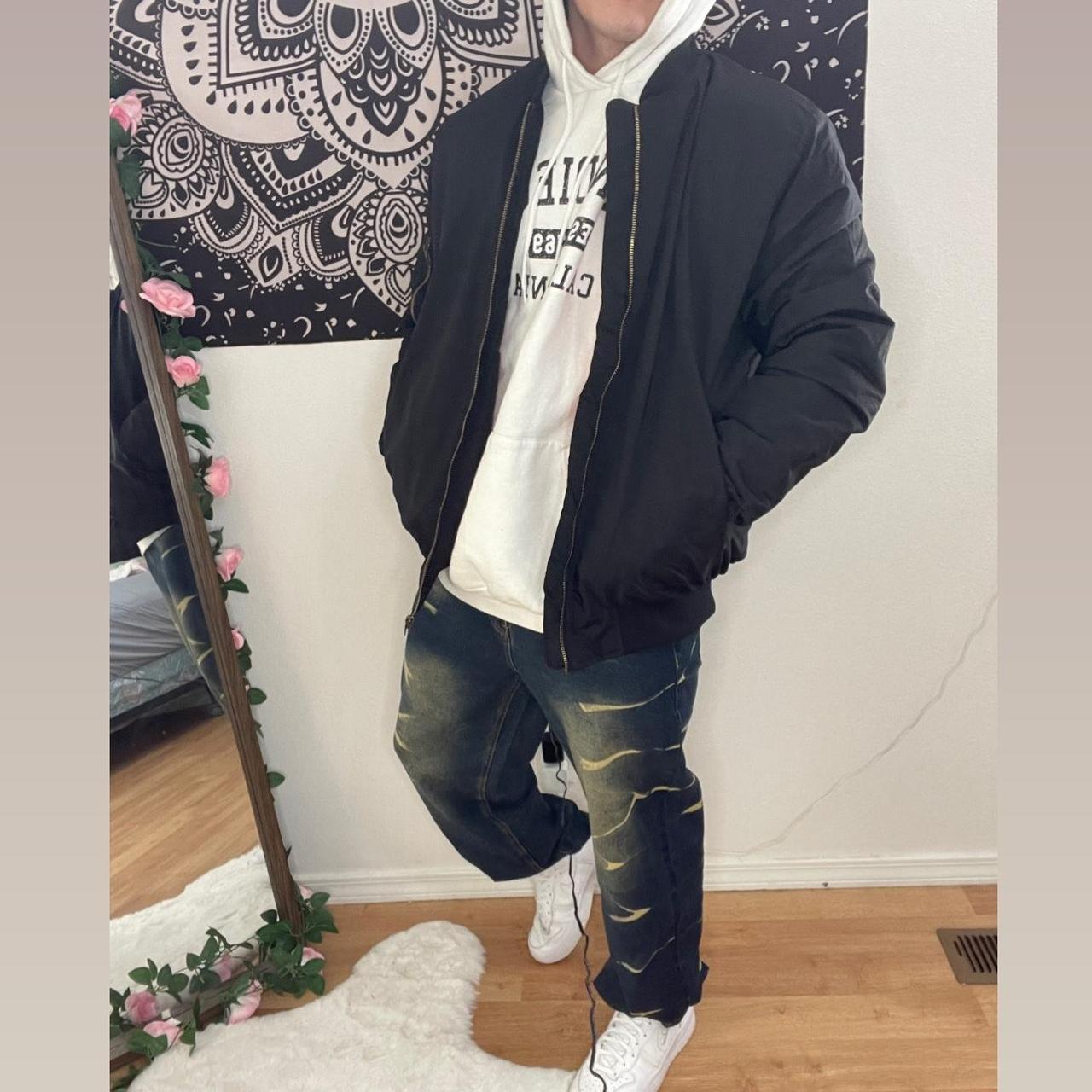 New, never worn black bomber jacket with orange... - Depop