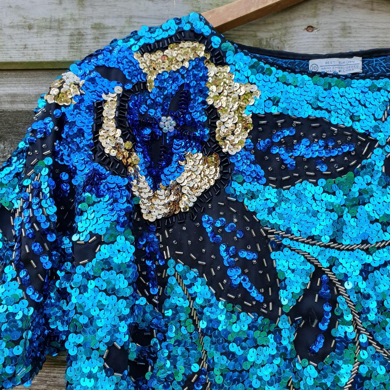 Absolutely Stunning Bright Blue Flowery Sequin And... - Depop