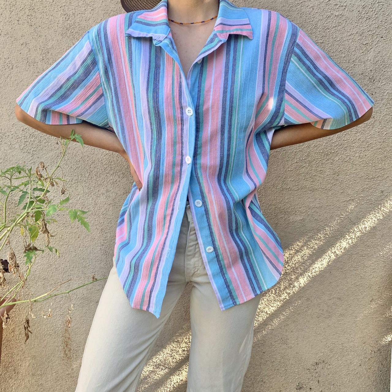Vintage colorful linen button up • seen on a S model... - Depop