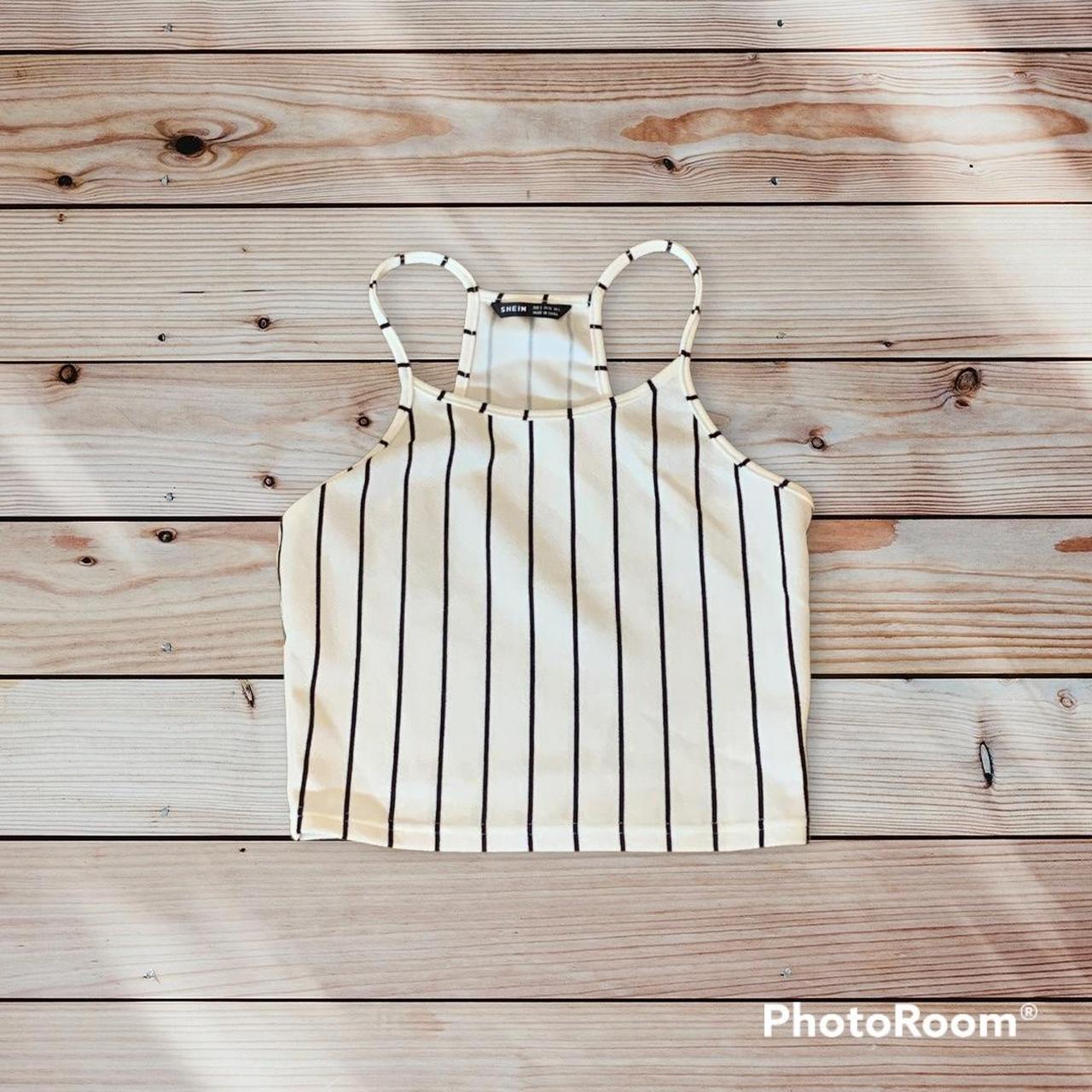 stripy black and white spaghetti strap top UK... - Depop