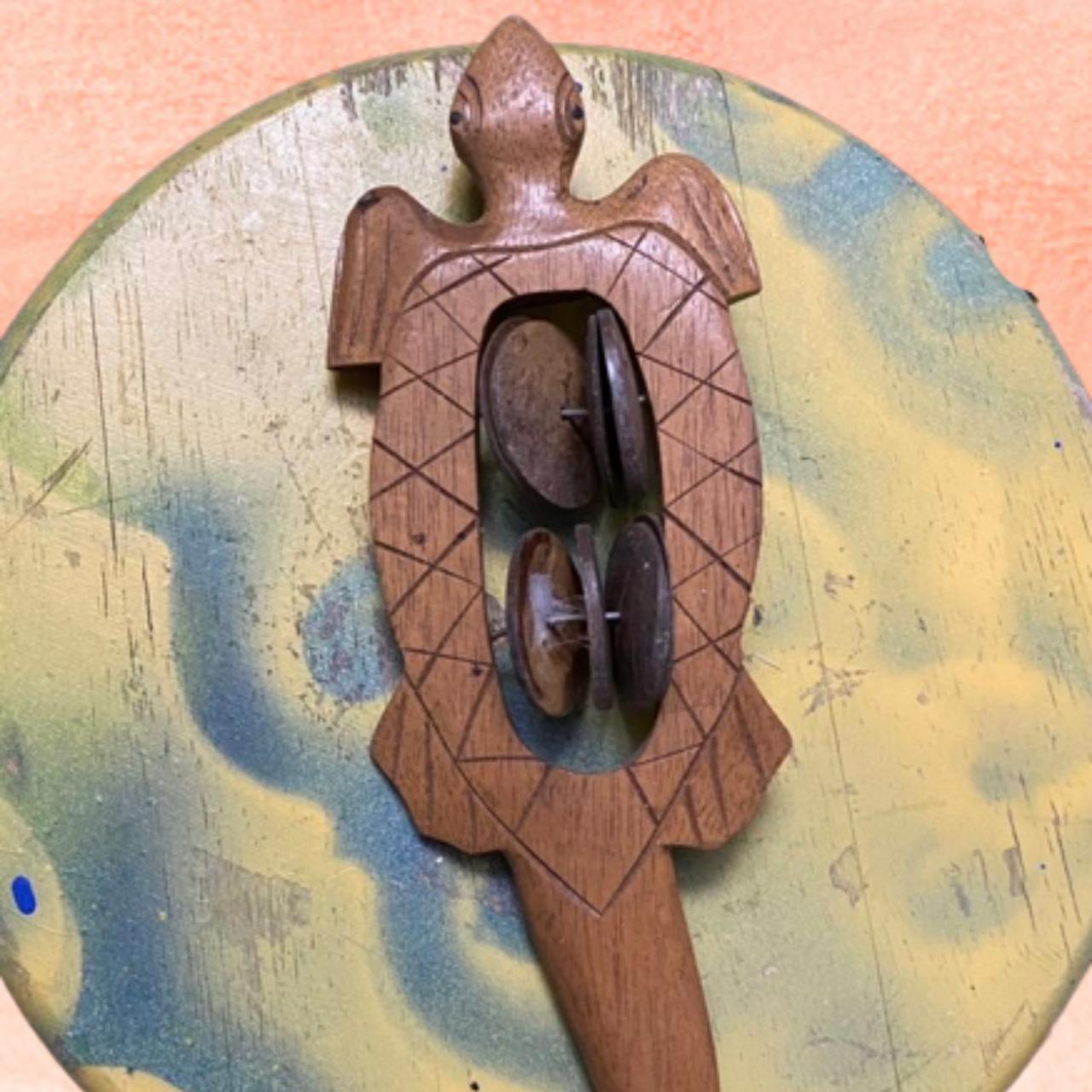 wooden turtle tambourine vintage handmade turtle... - Depop
