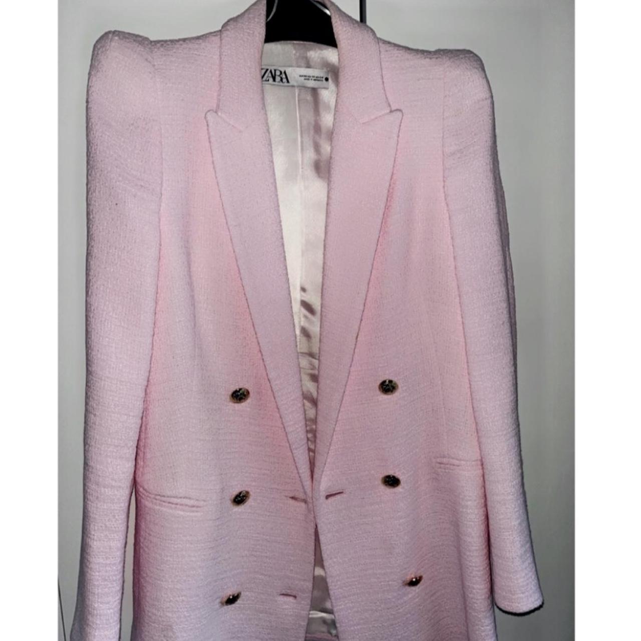 Zara pink padded shoulder texture blazer with gold... - Depop