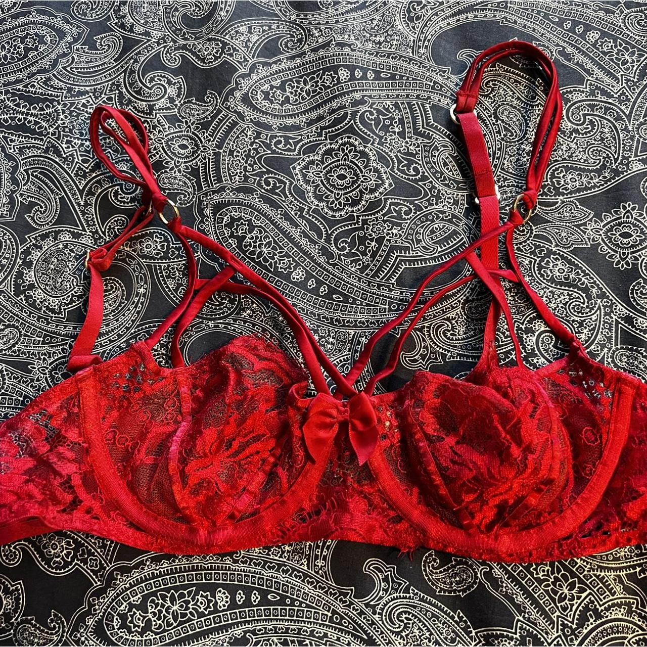 Honey Birdette 34B Red Lace Strappy Cutout Bra... - Depop