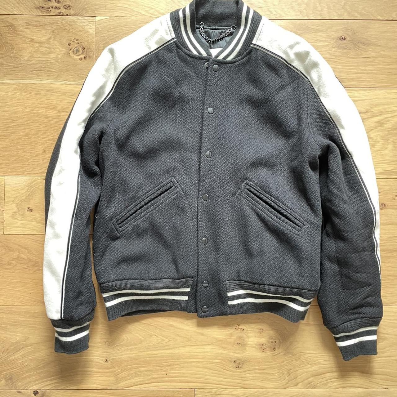Sandro mens Varsity jacket in black and cream. Worn... - Depop