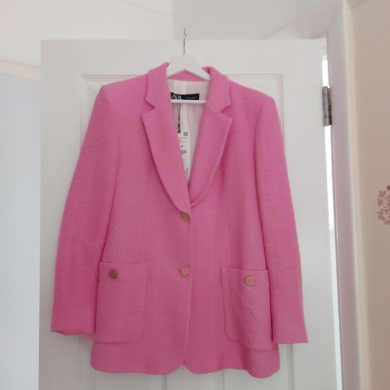 Zara bubblegum pink, tweed blazer, with gold... - Depop
