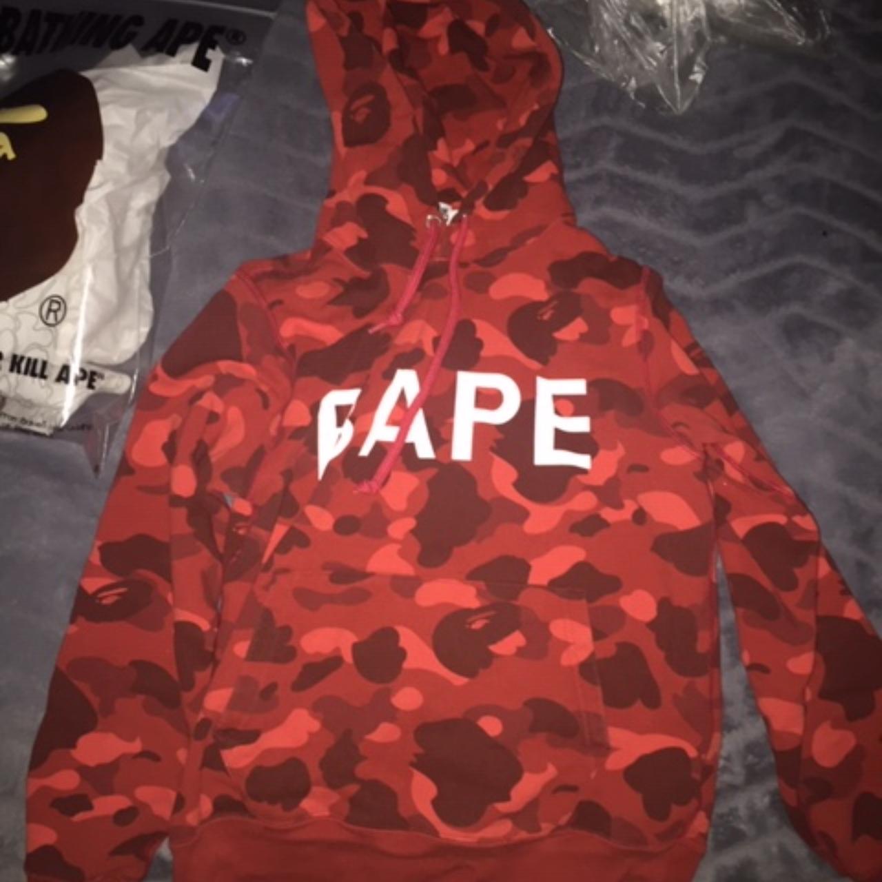 BAPE RED PULLOVER HOODIE - BRAND NEW SIZE SMALL WORN... - Depop