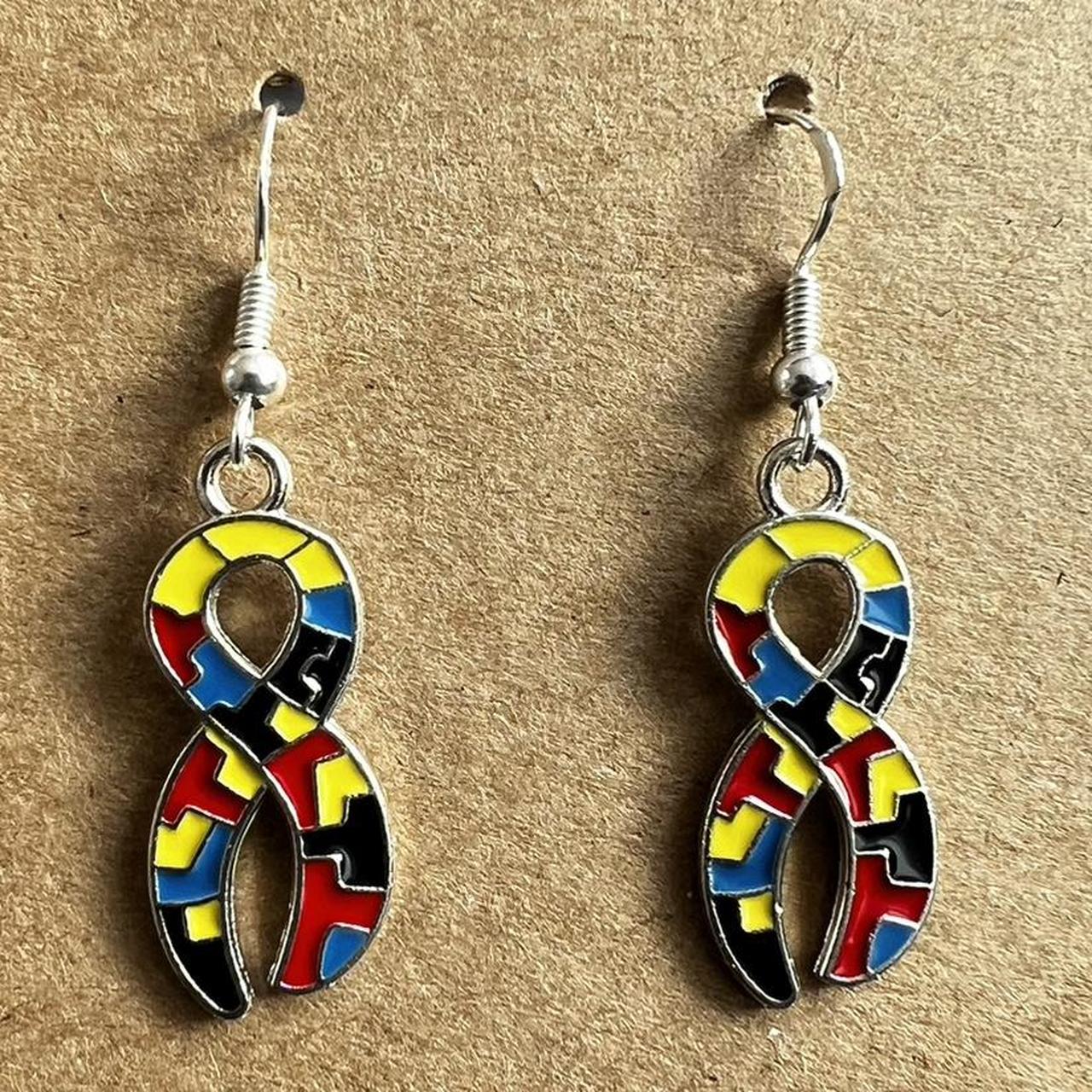 Handmade dangle Earrings. Autistic awareness ribbon... - Depop