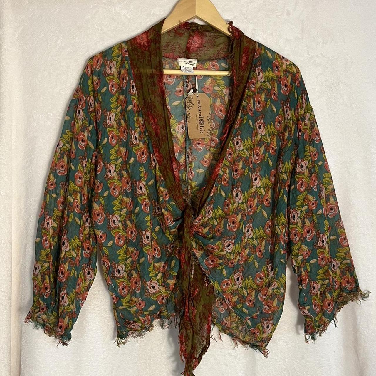 Natural life turquoise and floral wrap top.... - Depop