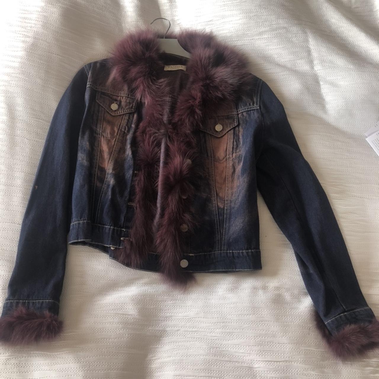 Real purple rabbit fur edged denim jacket from... - Depop