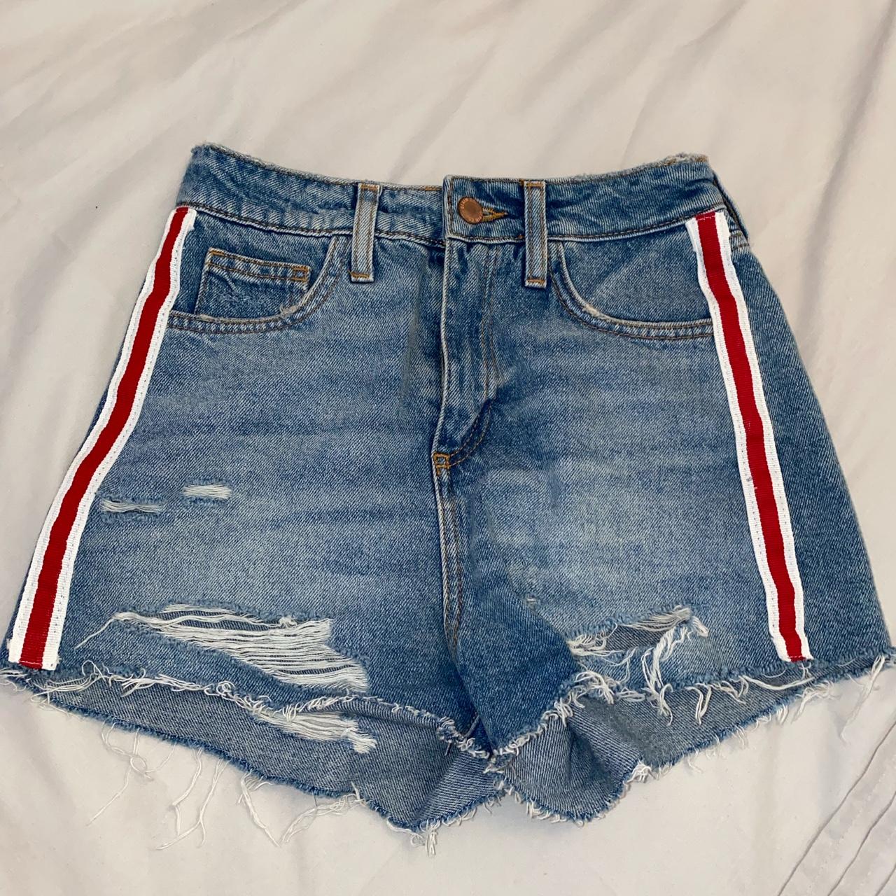 Primark denim shorts with red & white stripe - never... - Depop