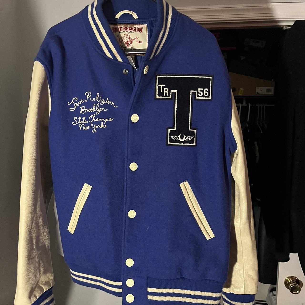 True Religion Men's White and Blue Jacket | Depop