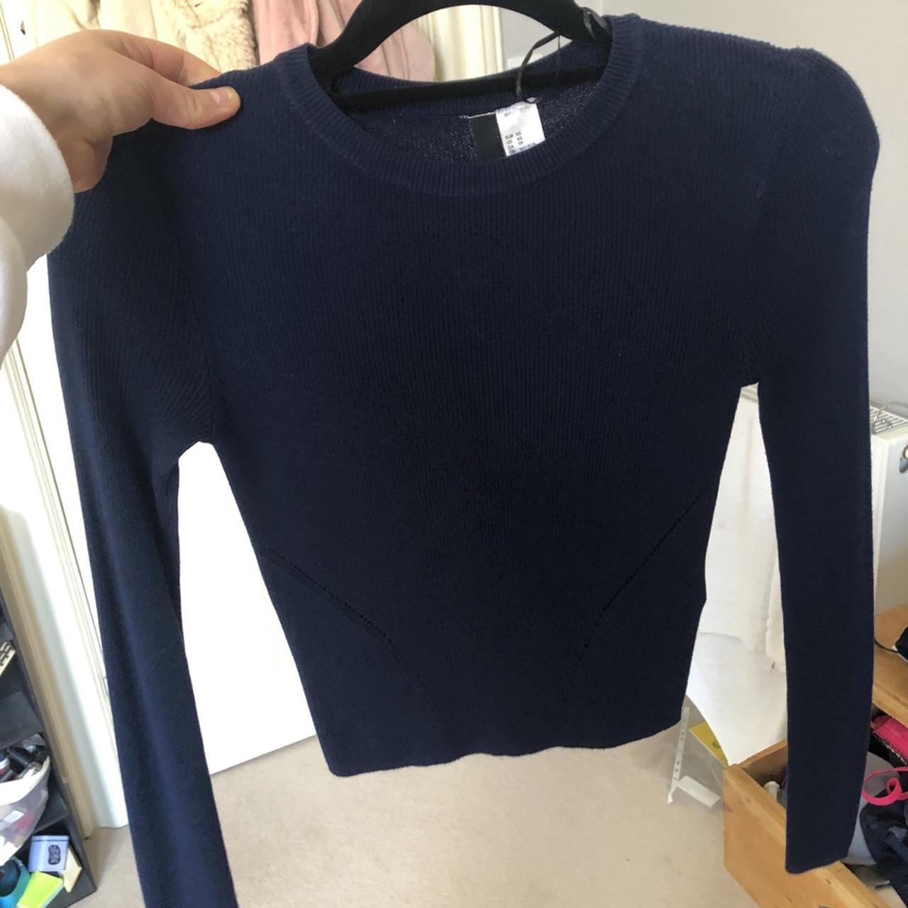 navy blue cropped tight crop top, jumper material - Depop