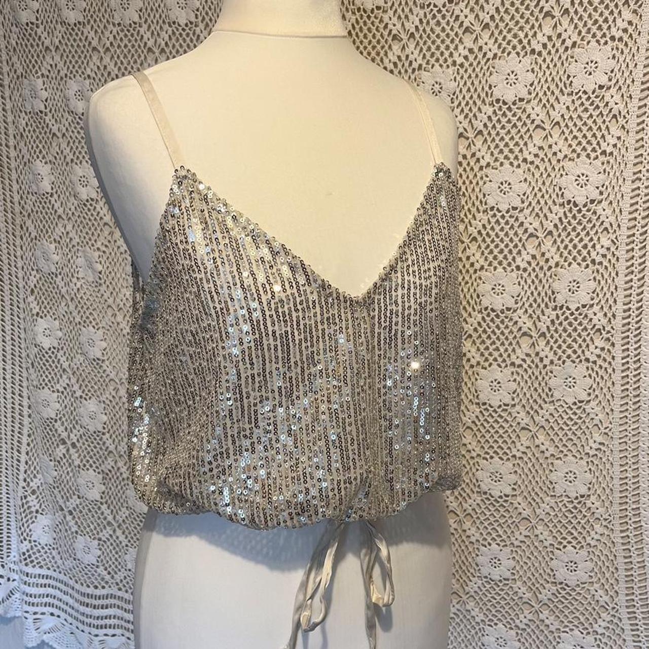 Zara sheer sequined silver crop top with drawstring... - Depop