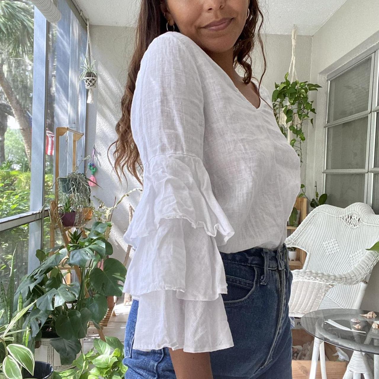 Zara Basic Linen Ruffle Sleeve Top. Lightly worn. In... - Depop