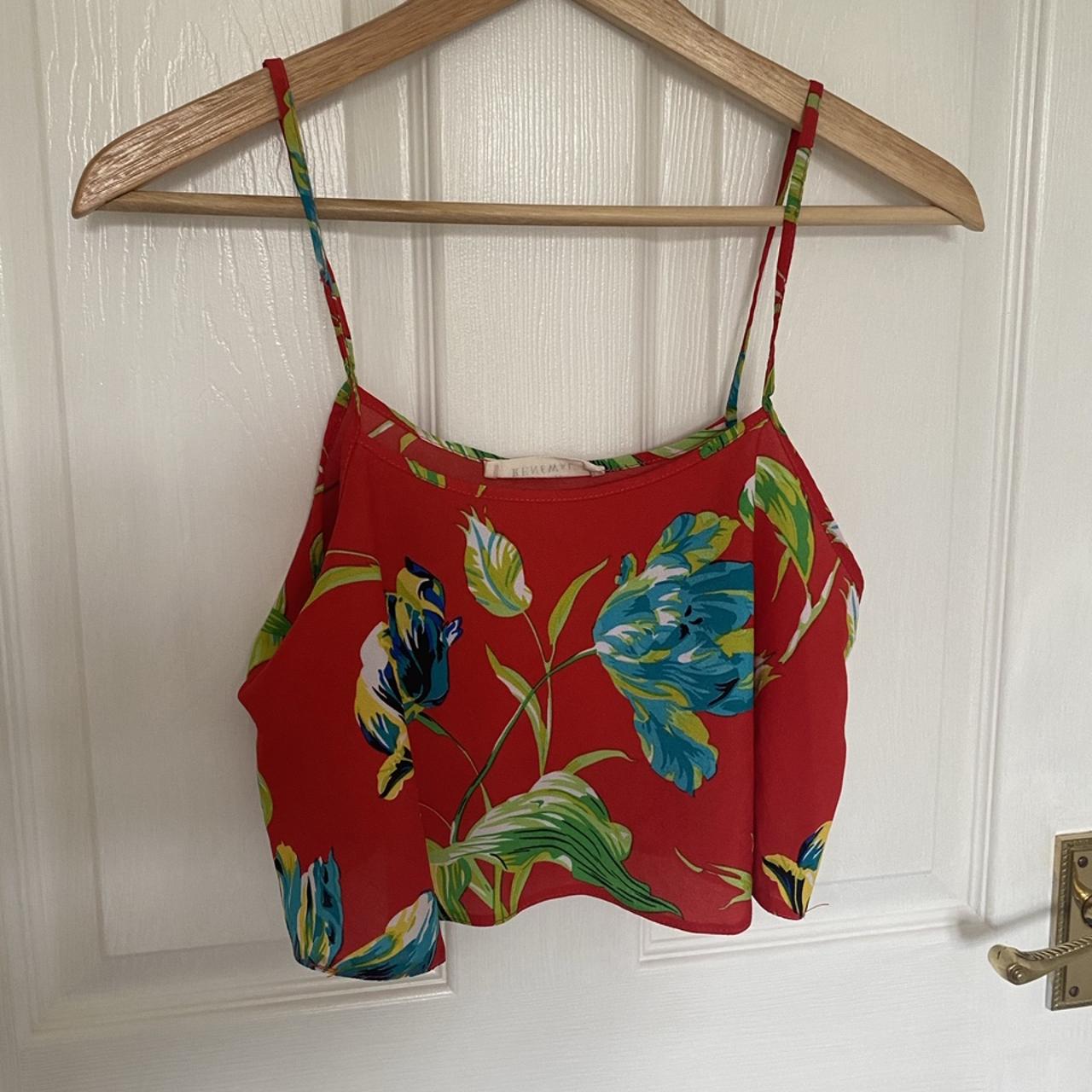 red tropical print cropped cami super lightweight... - Depop