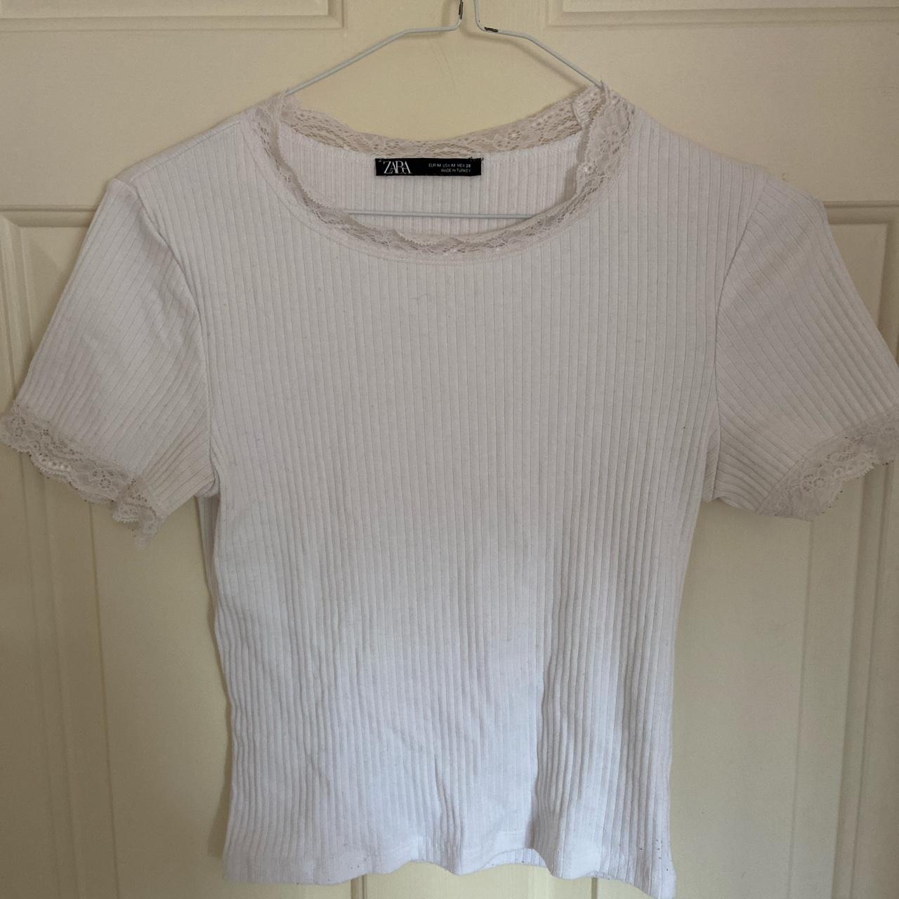 Basic white Zara white top with lace detail, Size M - Depop