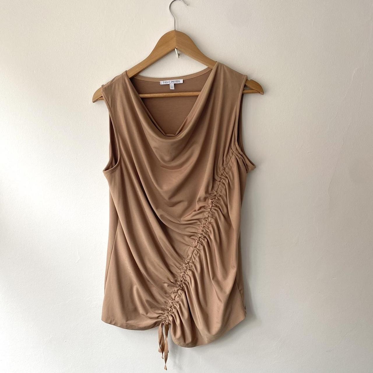 BEIGE DRAWSTRING DRAPE COWL NECK MINIMALIST STYLE... - Depop