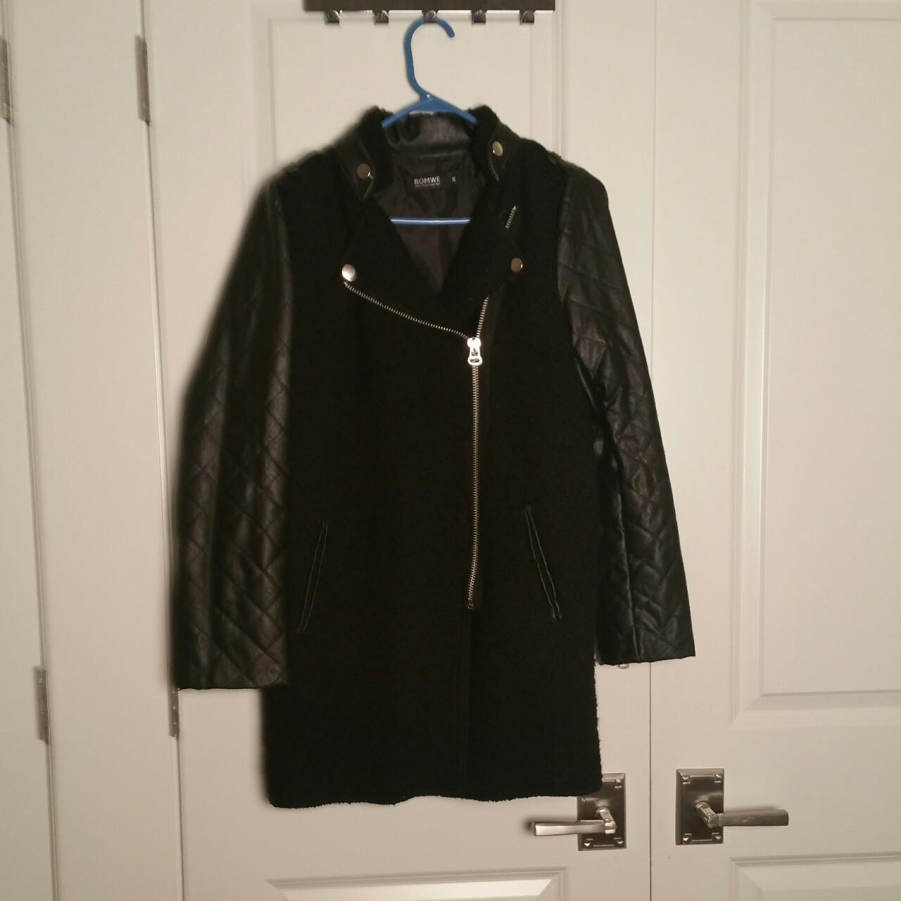 Worn black Romwe coat. Faux quilted leather sleeves.... - Depop