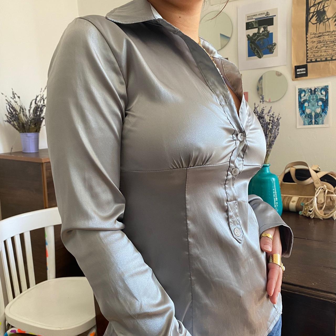 Amazing silver silk shirt super cool Modelled on 8... - Depop