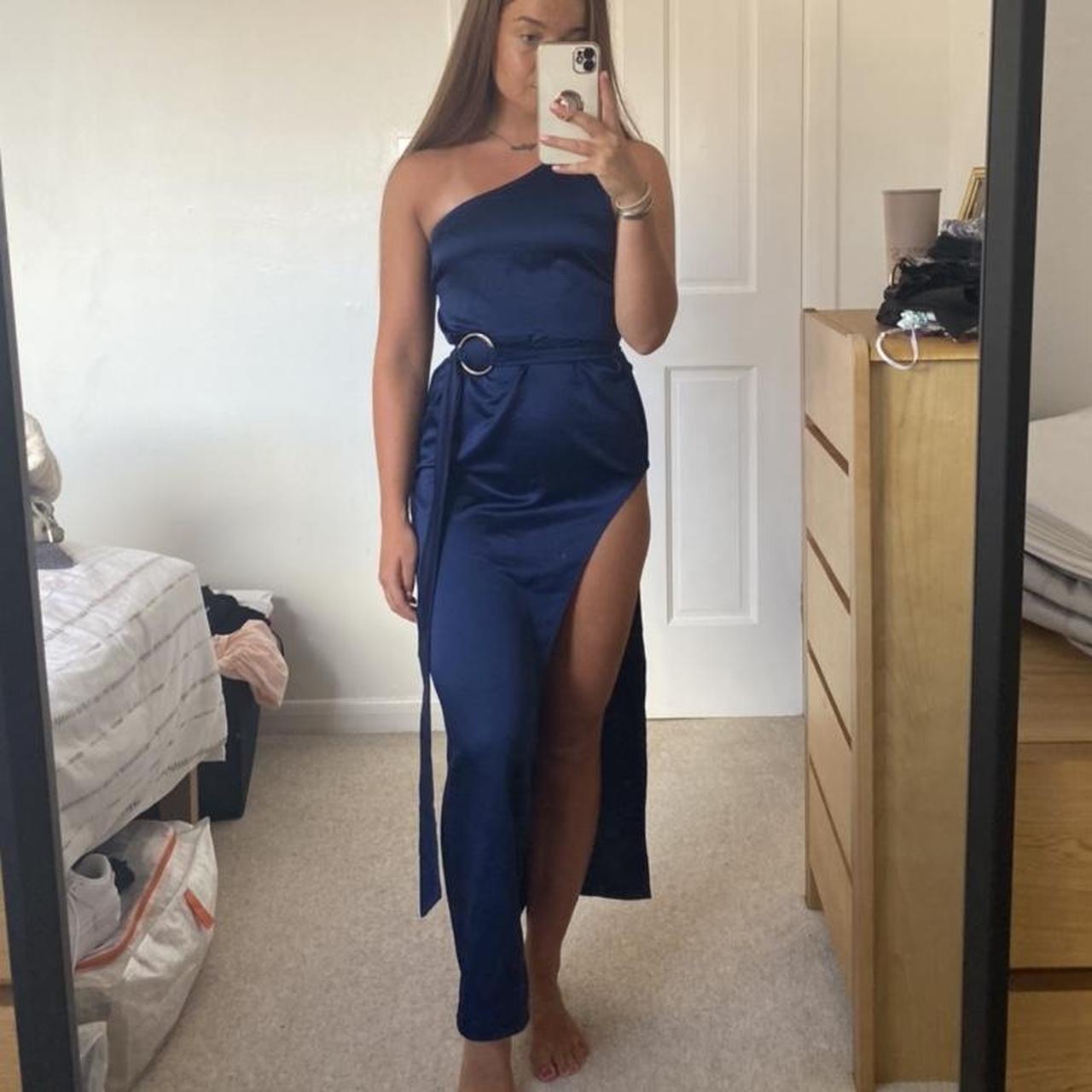Missguided blue satin split leg midaxi dress. Size 8... - Depop