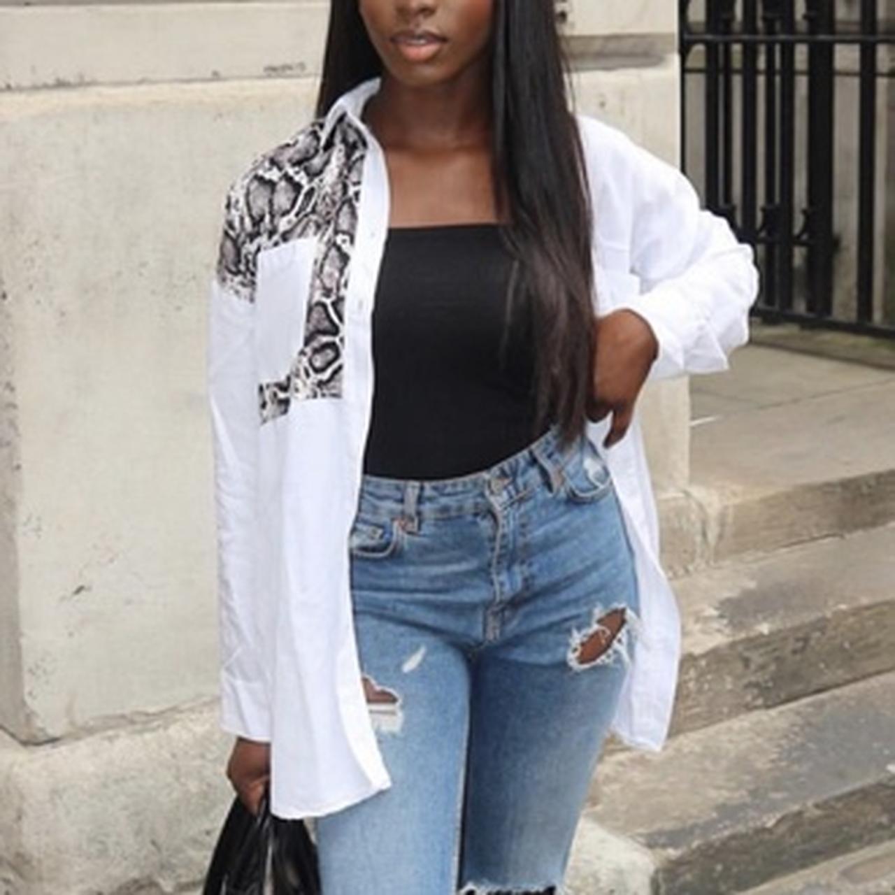 Lasula white snake print detail shirt UK size 8/10... - Depop