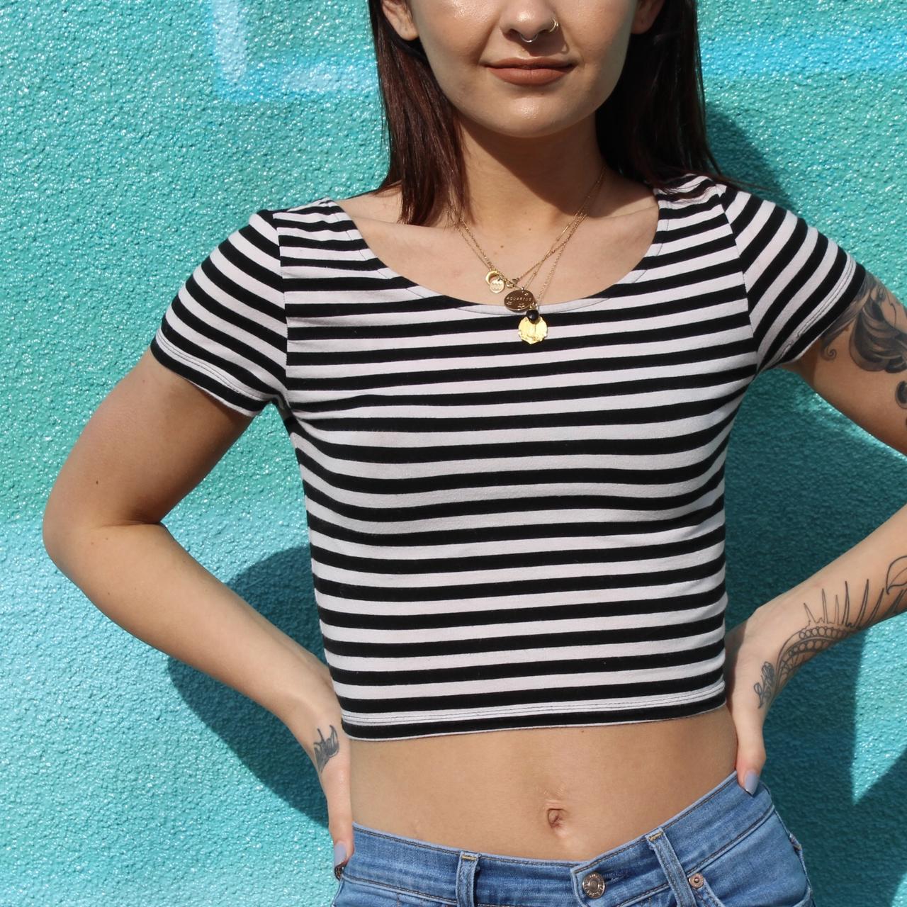 Divided Black + White Striped Short Sleeve Crop Top... - Depop