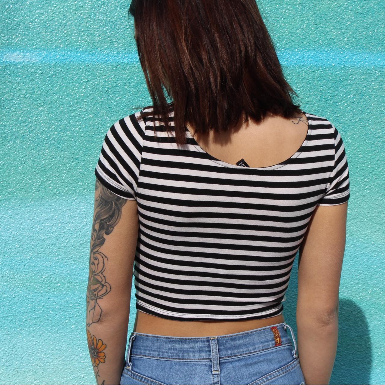 Divided Black + White Striped Short Sleeve Crop Top... - Depop