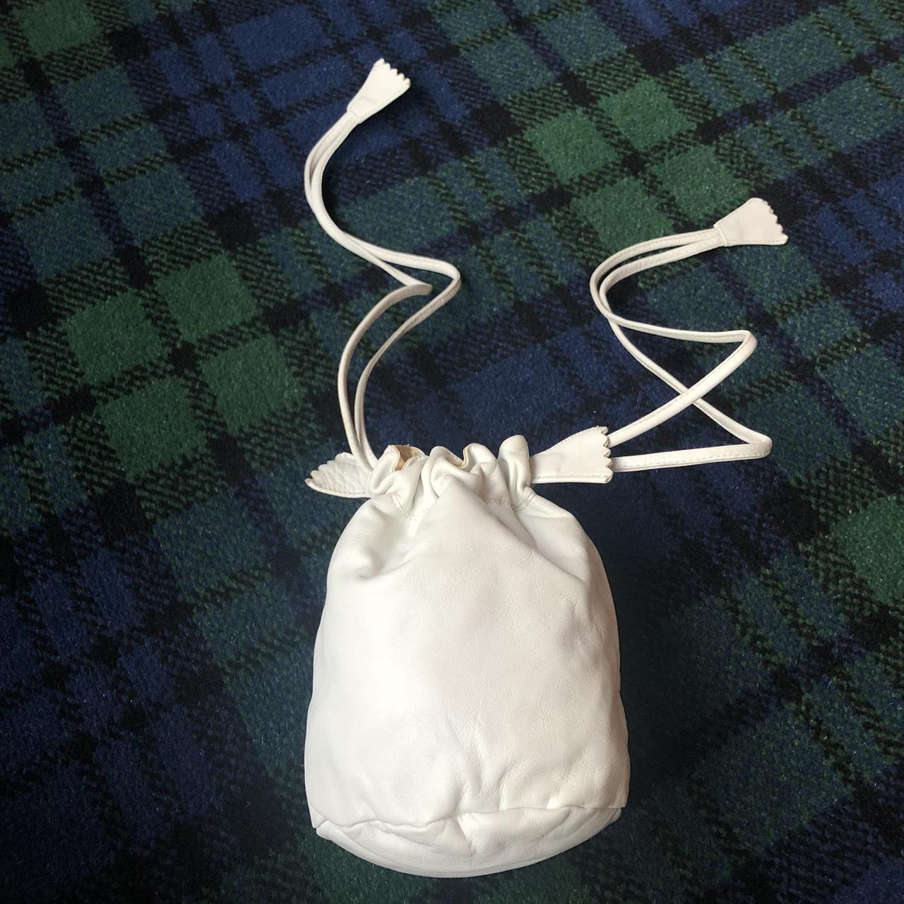 Vintage Enny White Leather Drawstring Pouch Handbag... - Depop