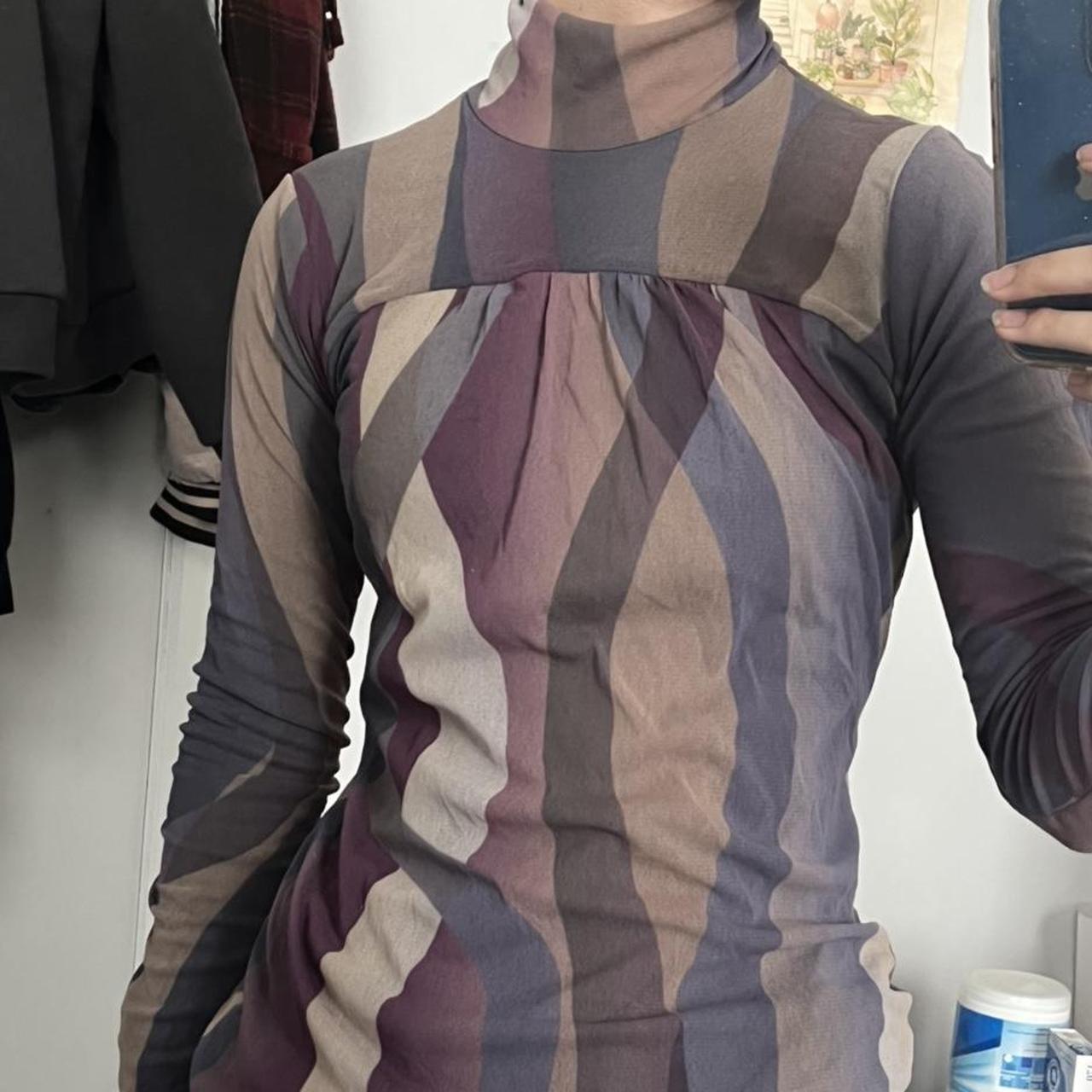 unique multicolor abstract print mesh turtleneck top... - Depop