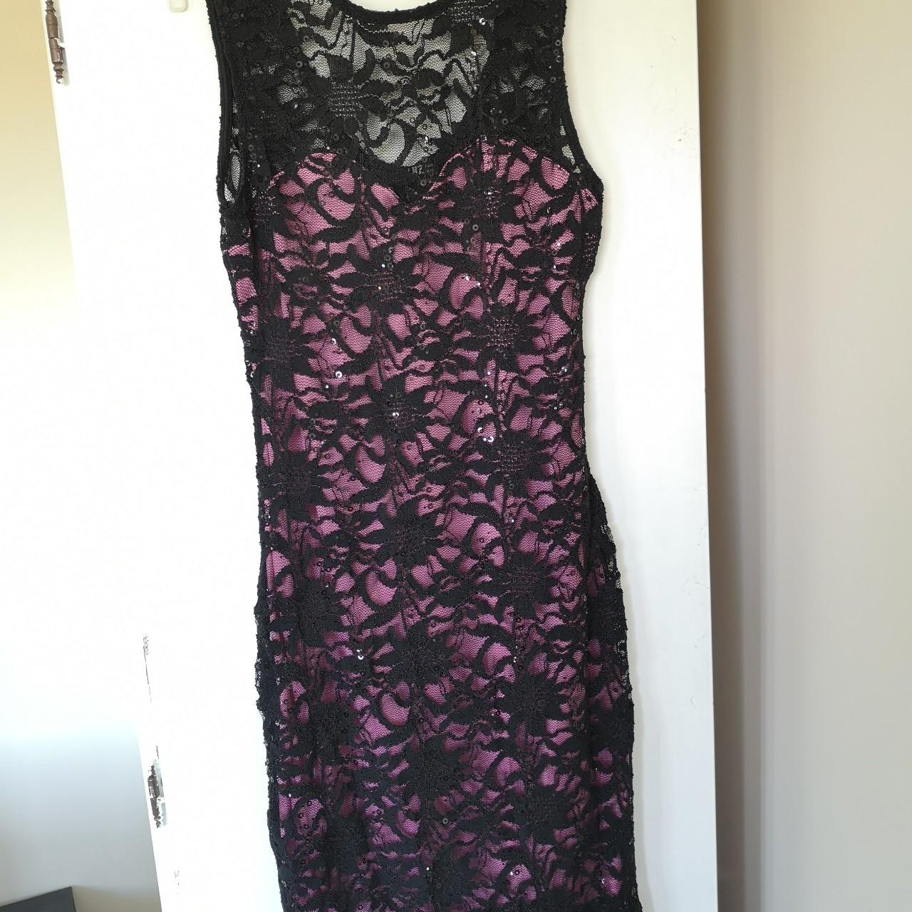 Black and Pink Bodycon Lace Dress Black Lace with... - Depop