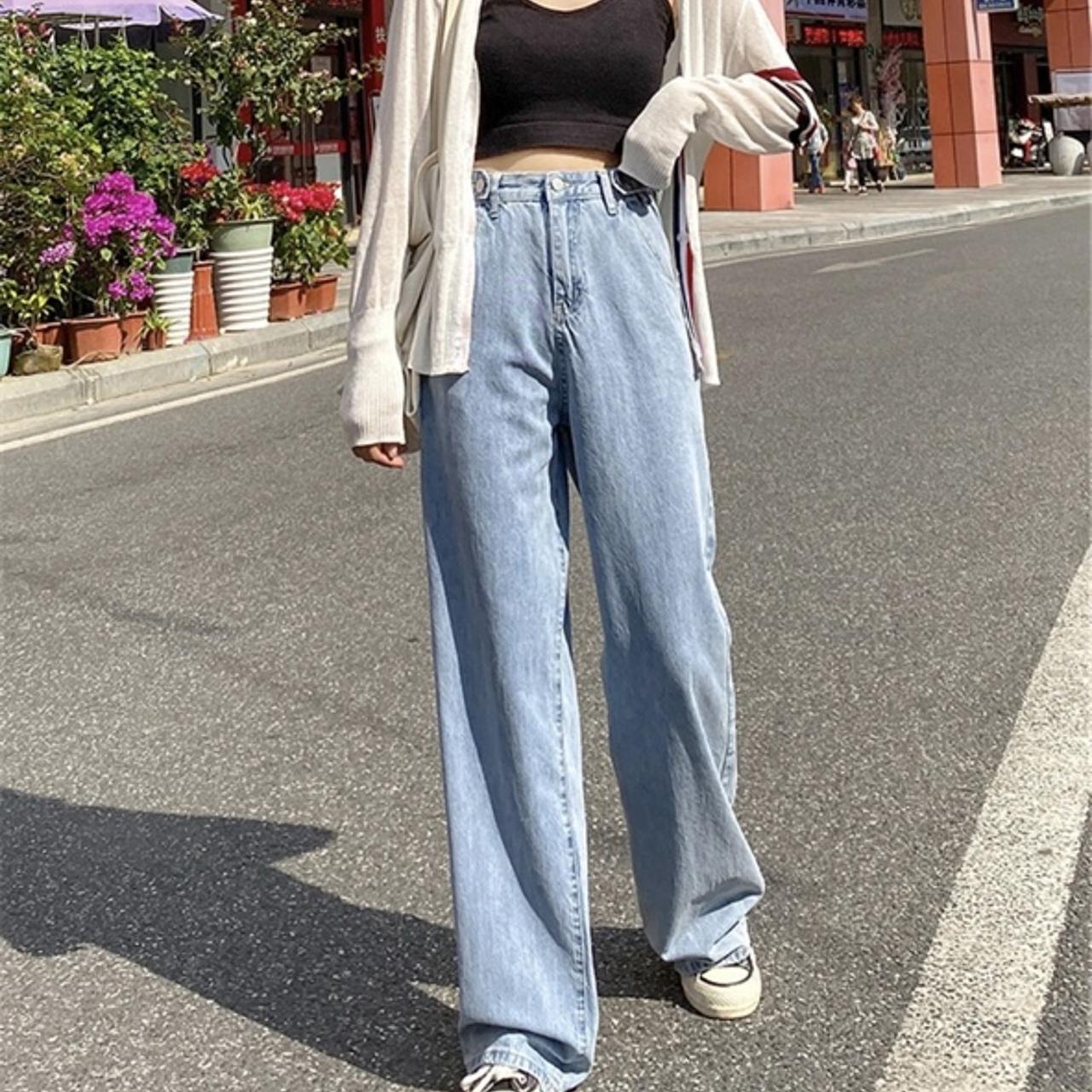 Aesthetic high waist blue straight leg jeans from... - Depop