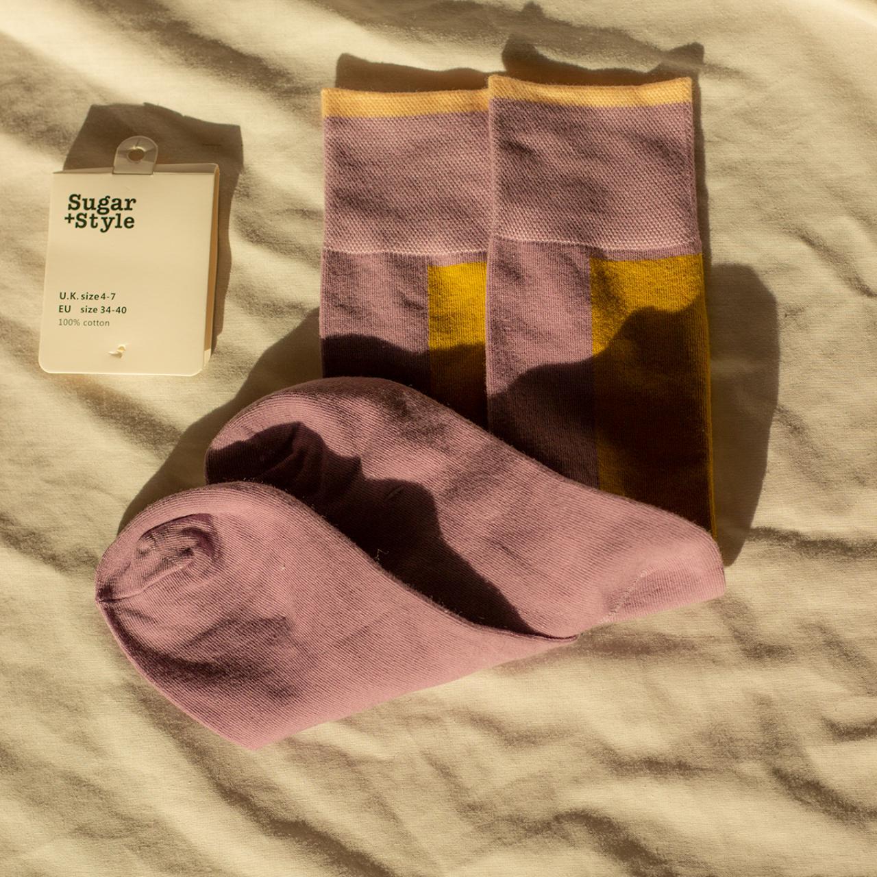 Long Length Colour Block Socks in Purple Sitting... - Depop