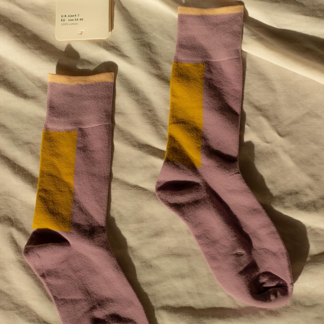 Long Length Colour Block Socks in Purple Sitting... - Depop