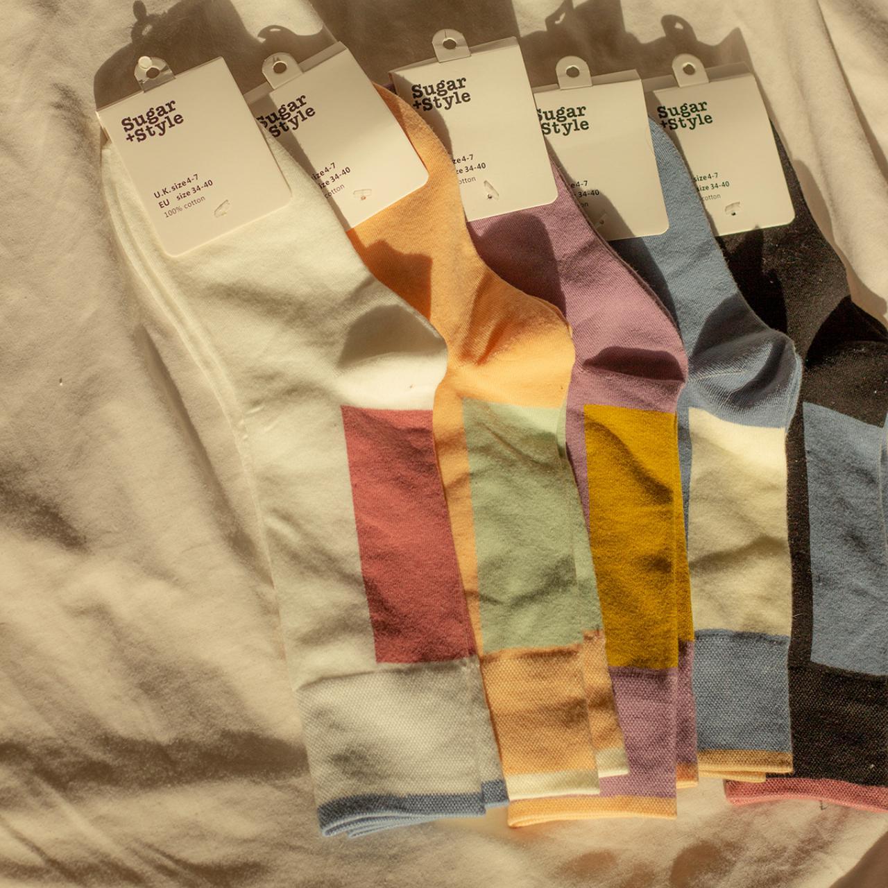 Long Length Colour Block Socks in Purple Sitting... - Depop