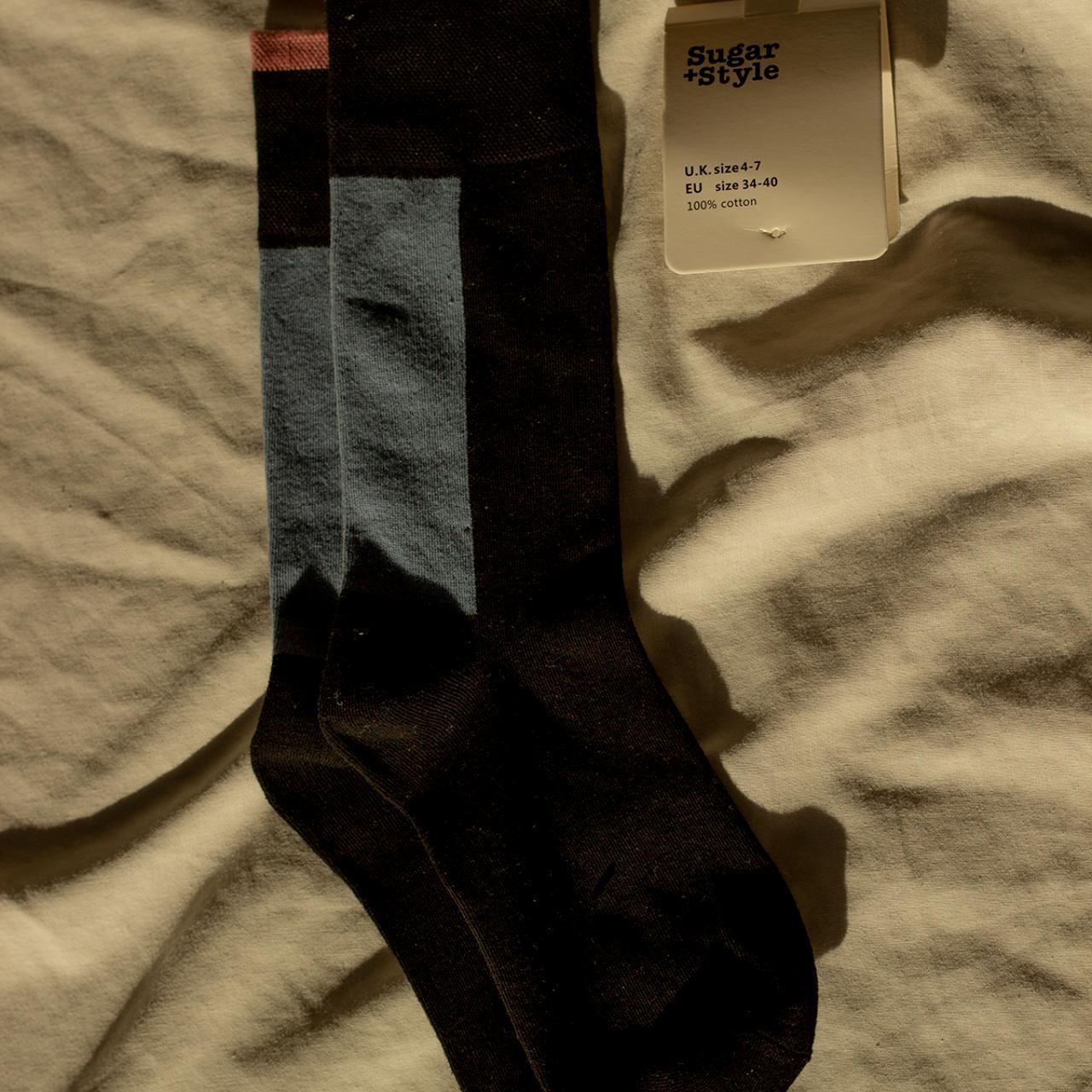 Long Length Colour Block Socks in Black Sitting... - Depop