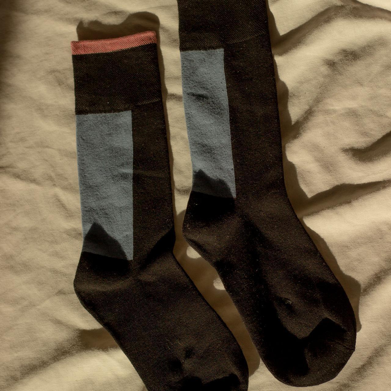 Long Length Colour Block Socks in Black Sitting... - Depop
